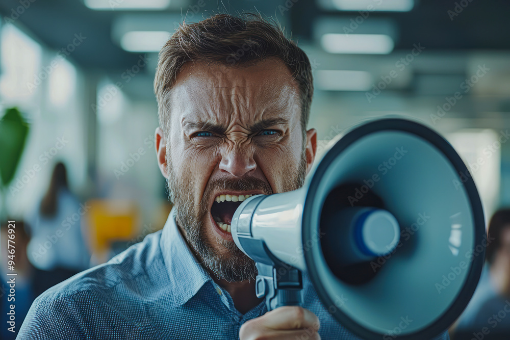 Furious manager berating employee with megaphone in office, intense ...