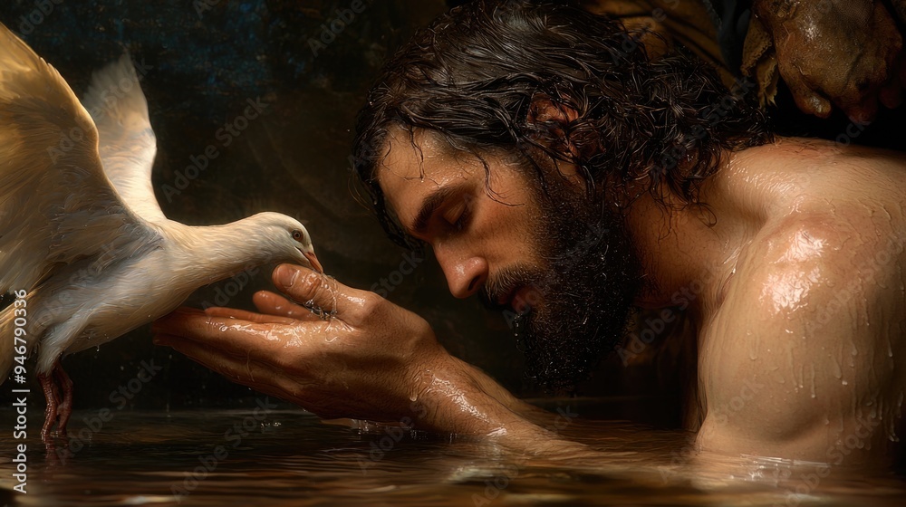 Divine affirmation: baptism of Jesus Christ by John in Jordan River ...