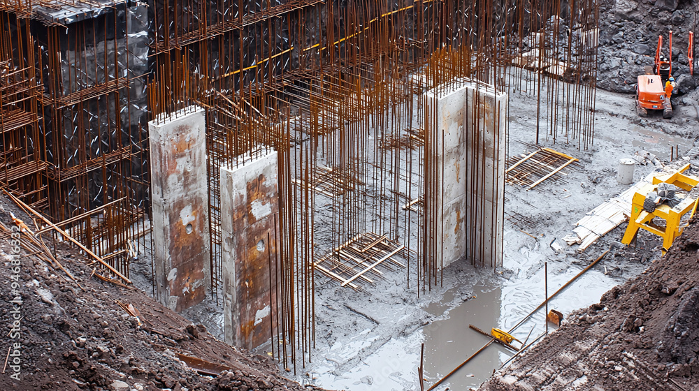 the process of setting up and pouring concrete into rebar-reinforced ...