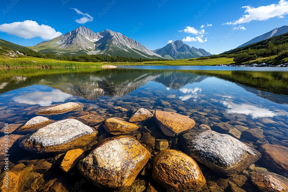 Lake with reflections of distant mountains, captured in a photo that ...