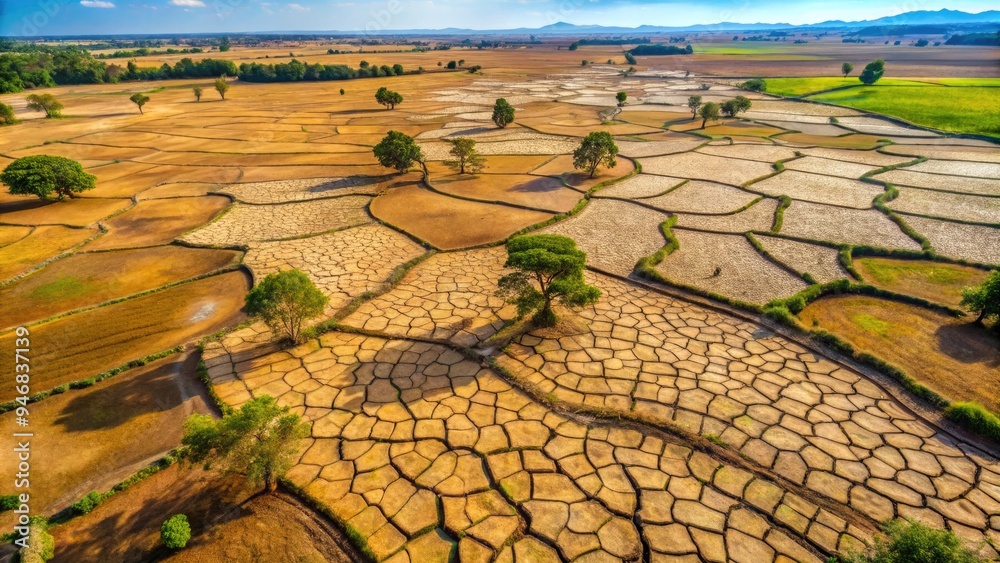 Aerial view of parched, cracked earth and withered crops in a rural ...