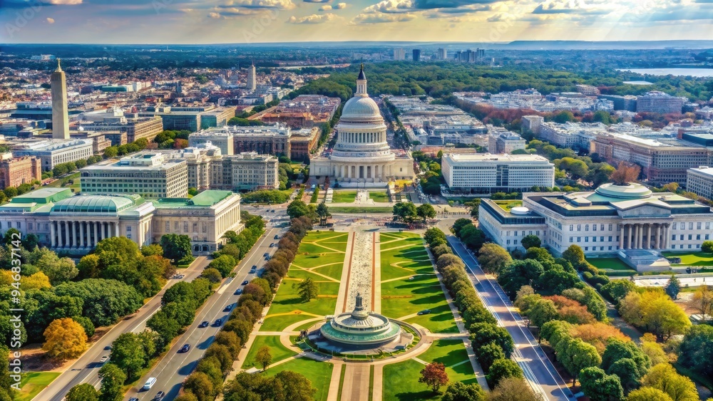 Aerial view of Washington D.C. showcasing iconic landmarks, monuments ...