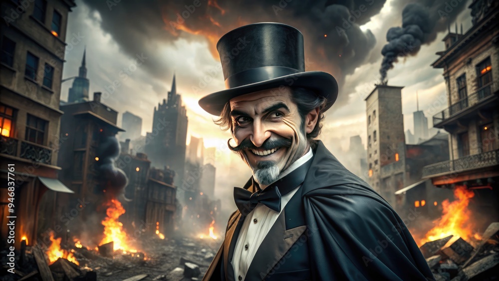 A flamboyant, mustachioed villain with a sinister grin, clad in a black ...