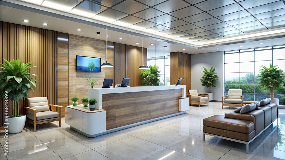 A modern hospital reception desk with a digital check-in screen and ...
