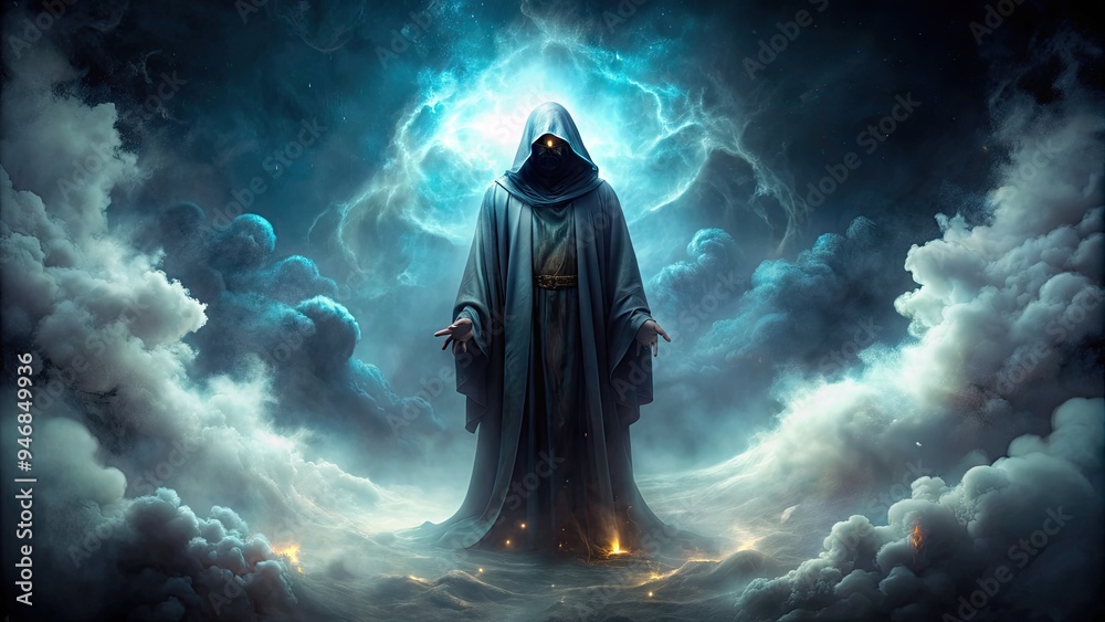 A mystifying, cloaked figure with glowing, otherworldly eyes emerges ...