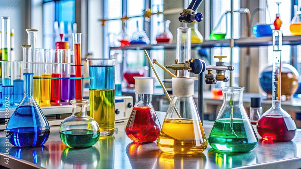 A neatly organized laboratory workstation features various colored ...