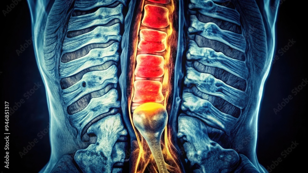 An MRI scan of the lumbar spine shows a narrowed spinal canal ...