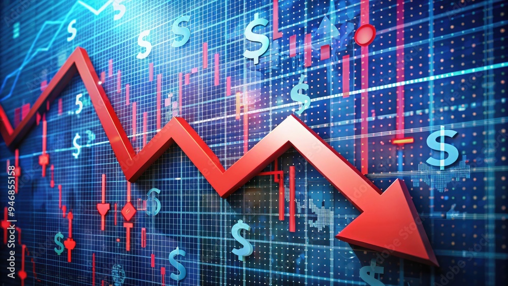 A red arrow plunges downward on a graph, surrounded by falling stock ...