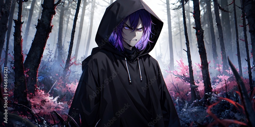 Angry anime guy on forest background, anime background Stock ...