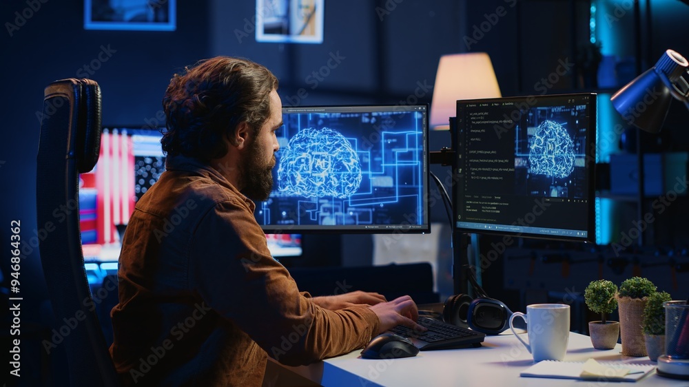 Foto de Software developer writes code on multimonitor setup PC to ... Foto de Software developer writes code on multimonitor setup PC to ...