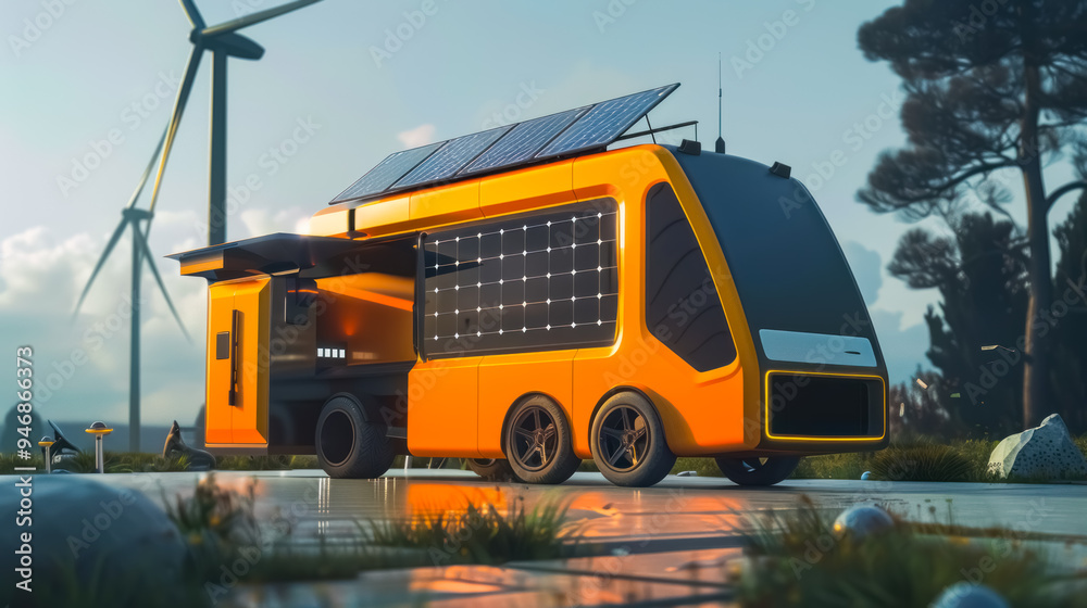 New energy vehicles line up near solar panels and a wind turbine ...