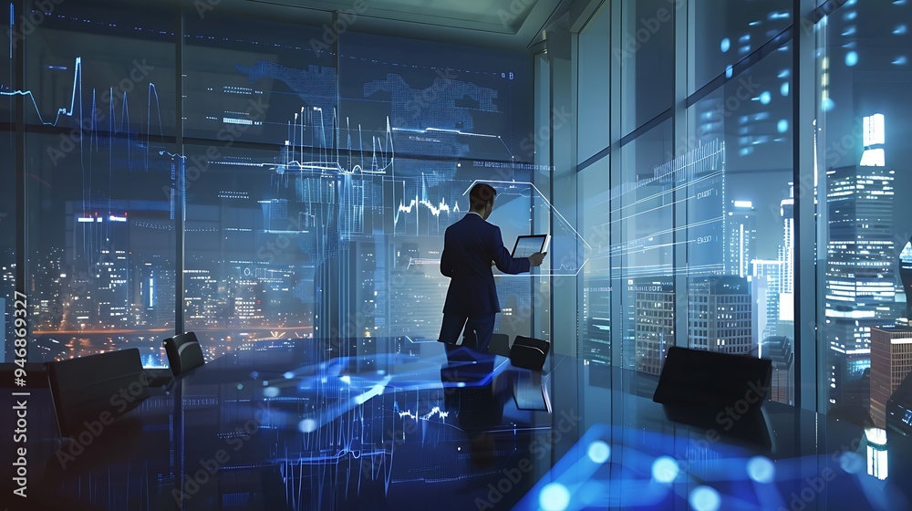 Corporate executive using advanced digital tools for financial planning ...