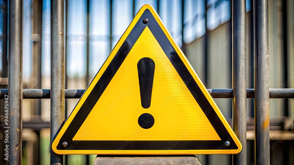 A vibrant, yellow warning sign with a bold, black exclamation mark ...
