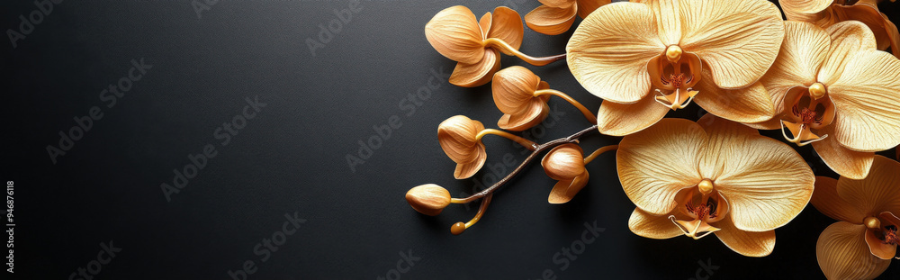 golden orchid centered on a matte black background, with a luxurious ...