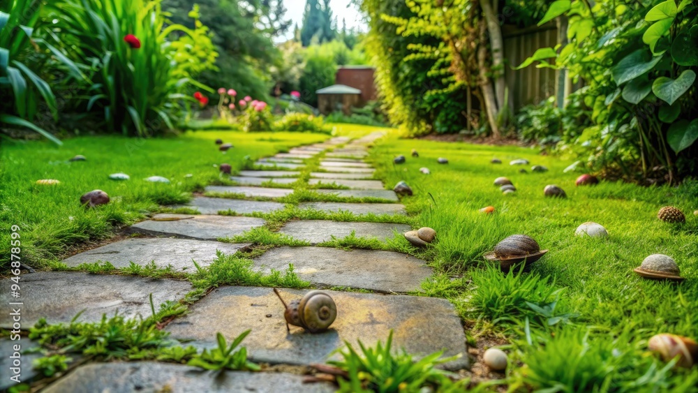 A worn stone pathway leads through a lush green lawn overrun with weeds ...
