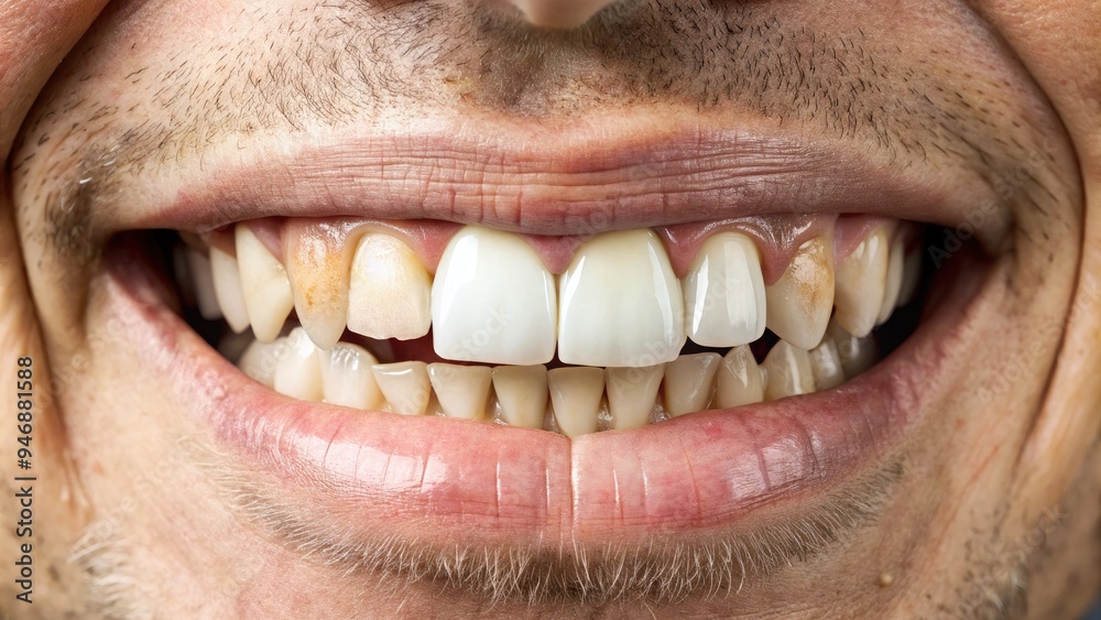 Close-up of an imperfect smile, showcasing unevenly spaced, misaligned ...