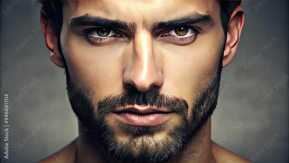Close-up of a rugged, masculine face with short, dark stubble growing ...