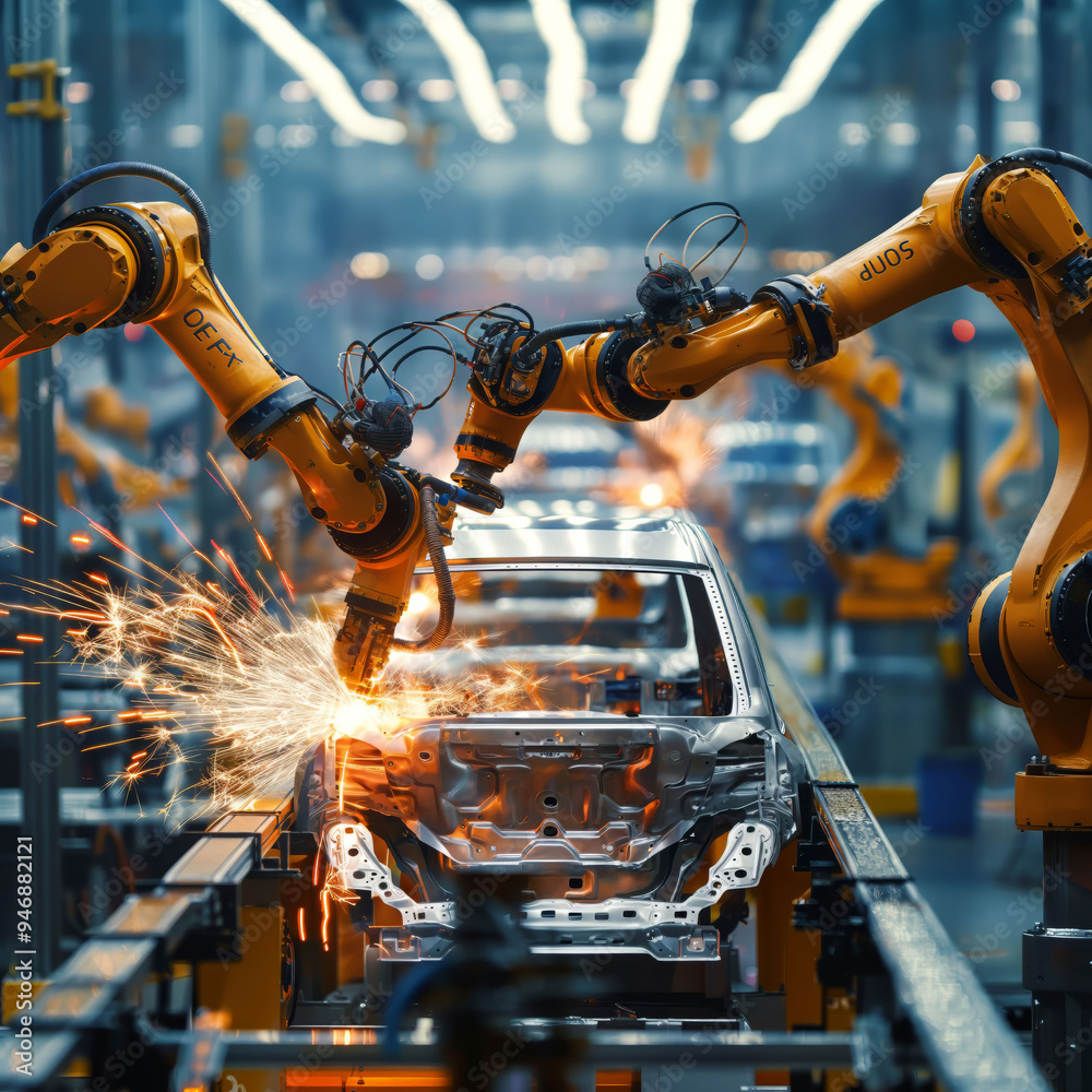 Automated Precision: Robotic Arms Welding Car Frames in Manufacturing ...