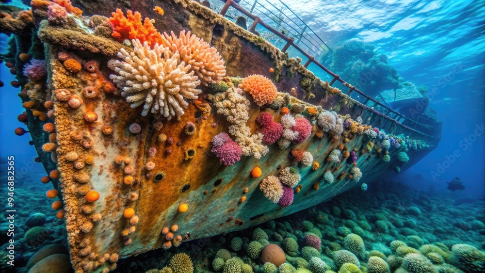 Colonial anemones and coral encrustations cling to a distressed ship's ...