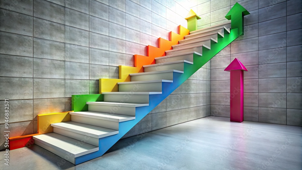Colorful 3D arrows and footsteps ascending a staircase, illustrating a ...