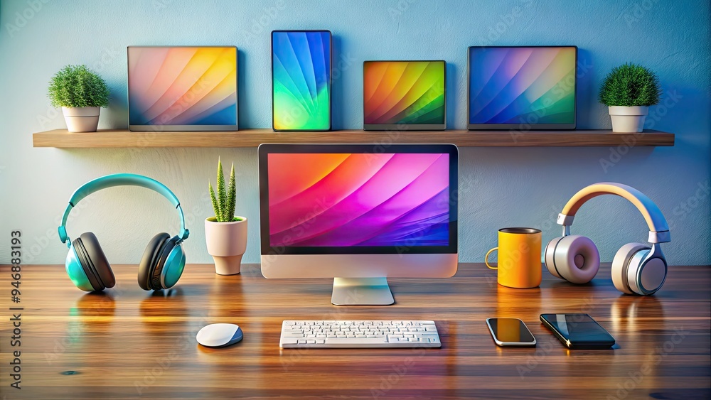 Colorful array of modern devices, screens, and headphones clutter a ...