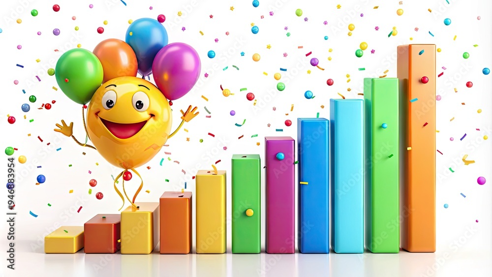 Colorful cartoon graph with smiling bars and columns standing on a ...