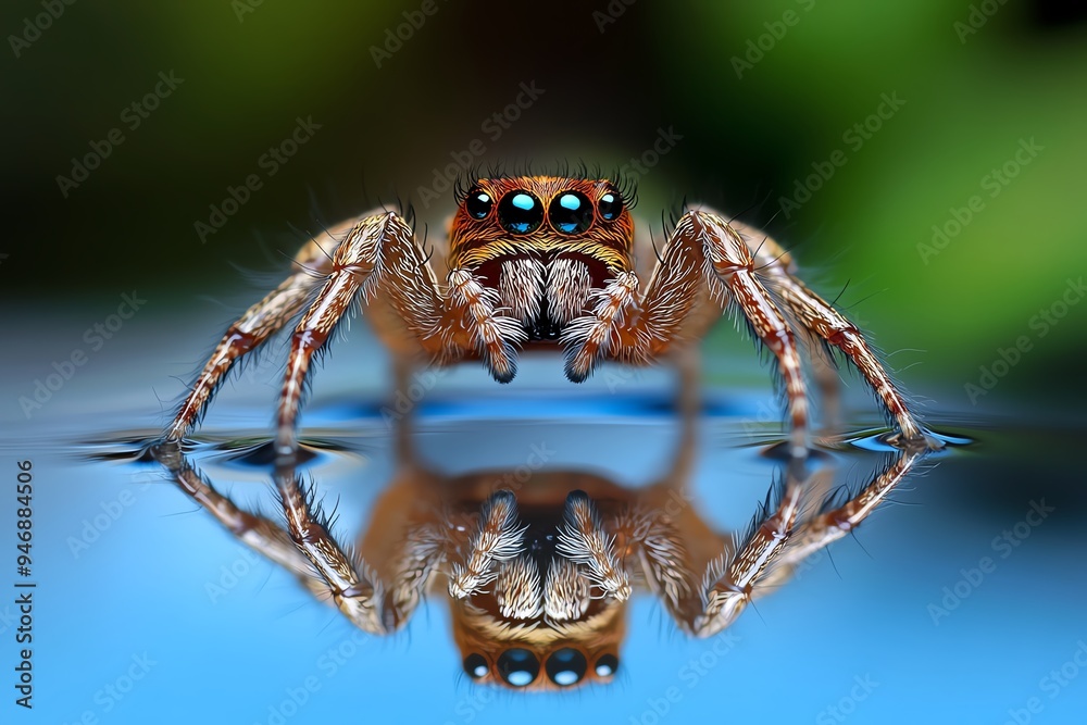 Spider and its reflection, illustrated with the spider hovering over a ...