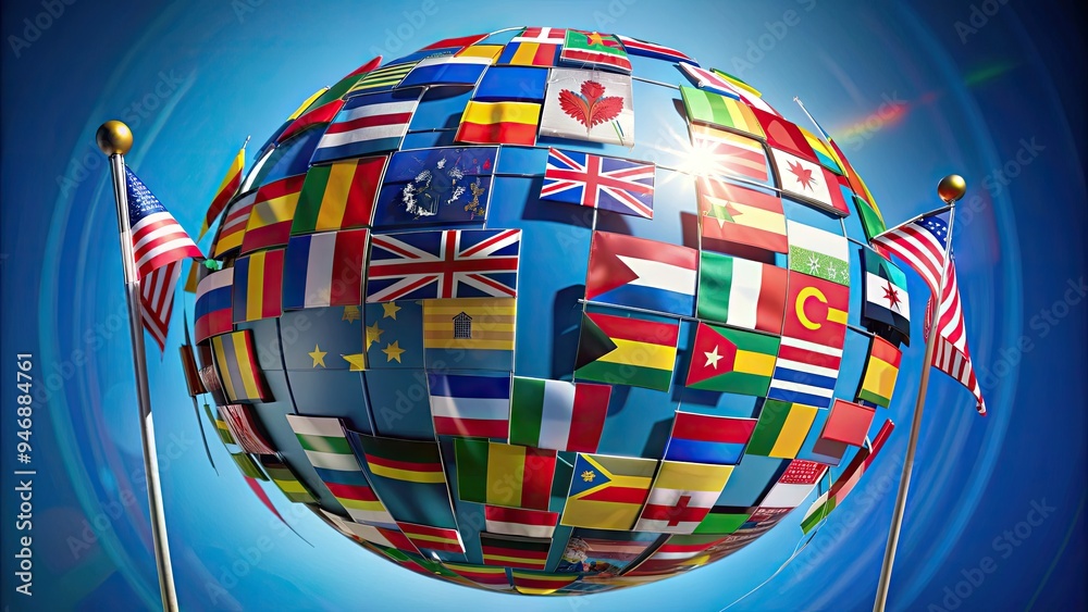 Colorful flags of various nations surround a spinning globe ...