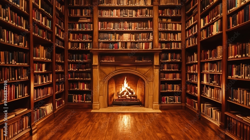 This dark wood library has a fireplace and shelves full of old books ...