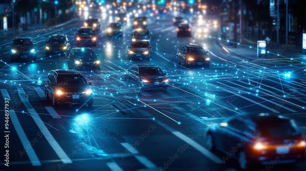 A smart city traffic management system with vehicles and traffic lights ...