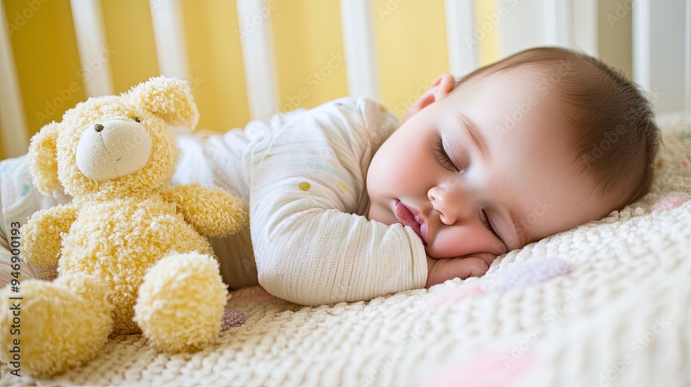 Serene Infant Slumber: A Cozy Nursery Room with Pastel Walls, Soft Toys ...