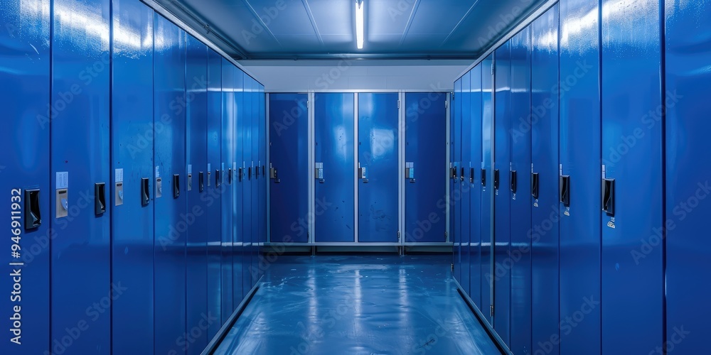 Blue lockers in a public changing room or clothing store A storage area ...