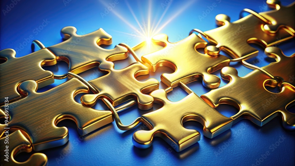 Golden threads weaving together fragmented puzzle pieces against a ...