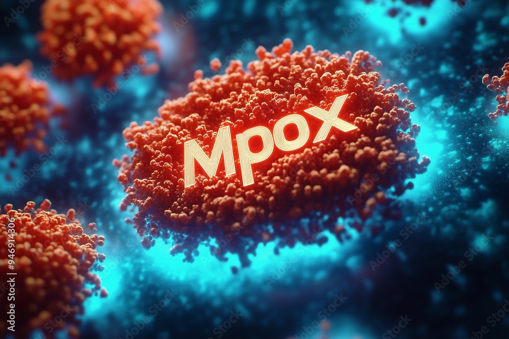Microscopic cell structure of monkey pox virus, letters "Mpox" with ...