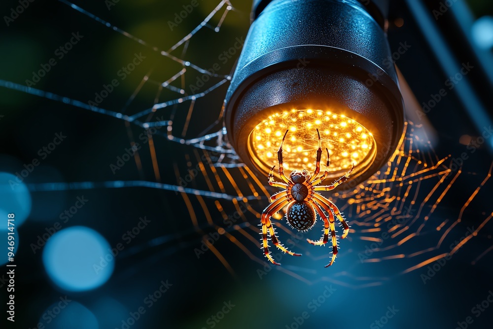 Spider spinning a web under a streetlight, captured in a photo that ...