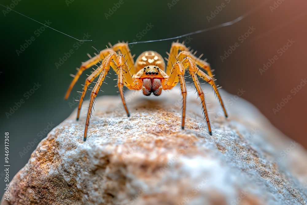 Spider weaving a web between two rocks, captured in a photo that ...