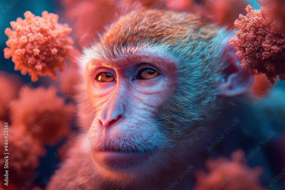 monkey animal with microscopic image of monkey pox virus. Mpox caused ...