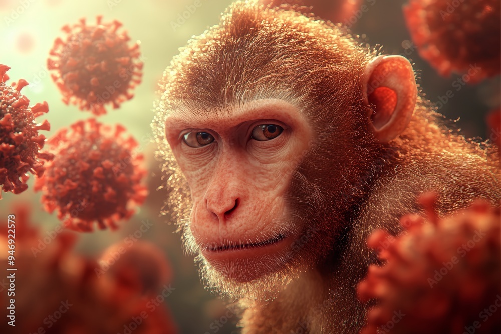 monkey animal with microscopic image of monkey pox virus. Mpox caused ...