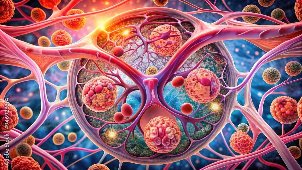 Microscopic illustration of uterine lining tissues, showcasing complex ...