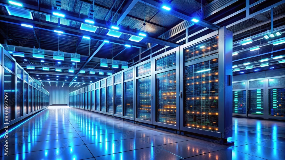 Modern data center with sleek servers, futuristic lighting, and ...