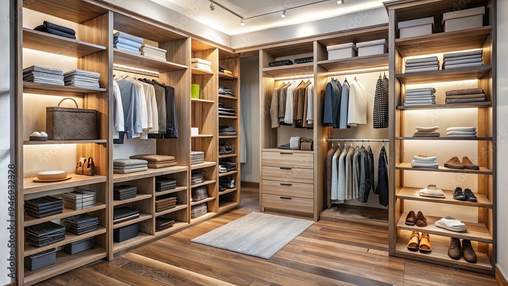 -open door revealing a tidy, well-lit, and organized walk-in closet ...