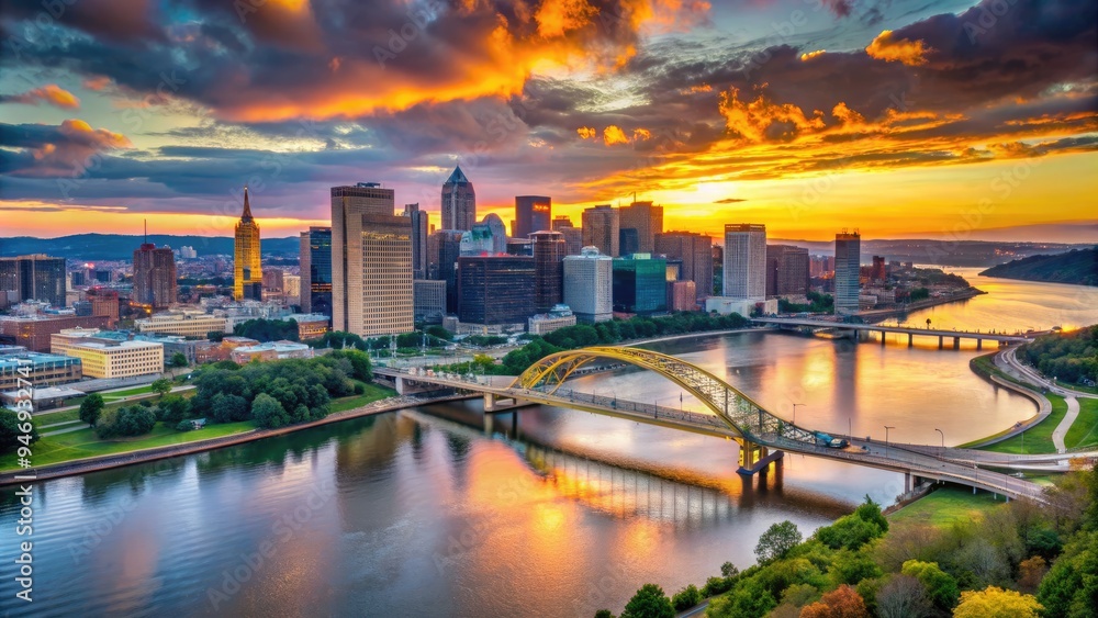 Panoramic aerial view of Pittsburgh's skyline at sunset, showcasing the ...