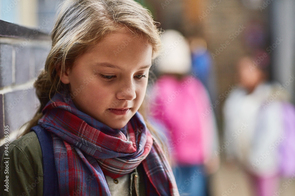 Depression, lonely and sad with girl student in hallway of school as ...