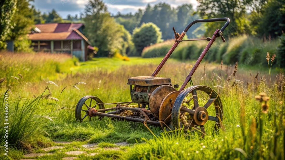 Rustic lawn mower with rotating flail blades, worn wheels, and ...