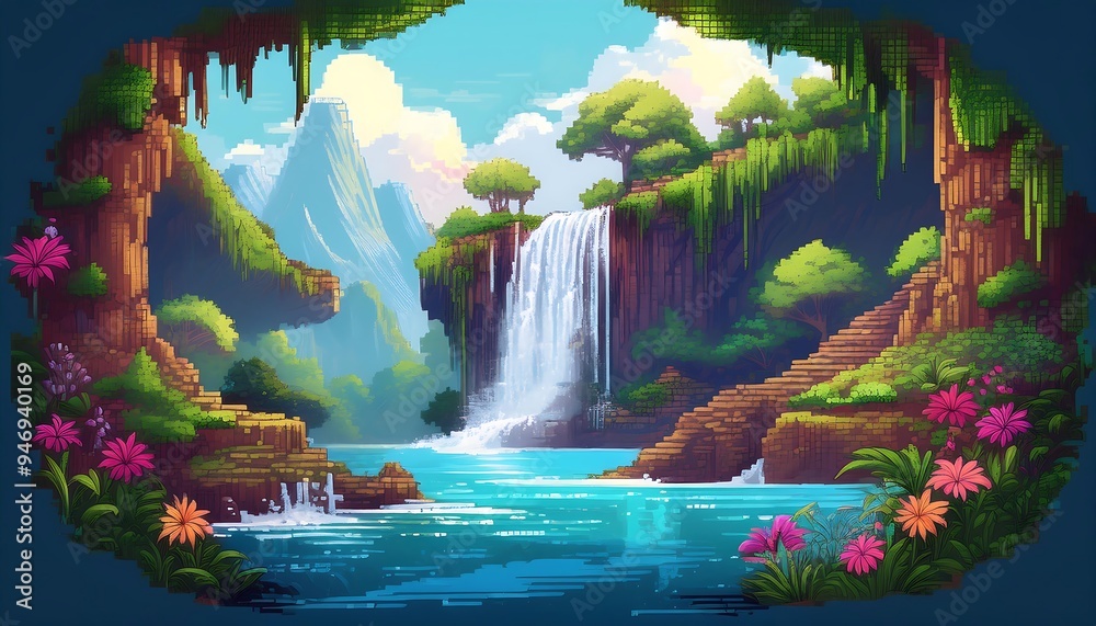 Pixelated Pixel Art Waterfall Scene - a lush forest scene featuring a ...