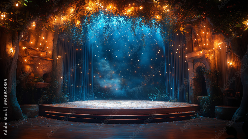 Whimsical stage set in a magical forest, illuminated by glowing lights ...
