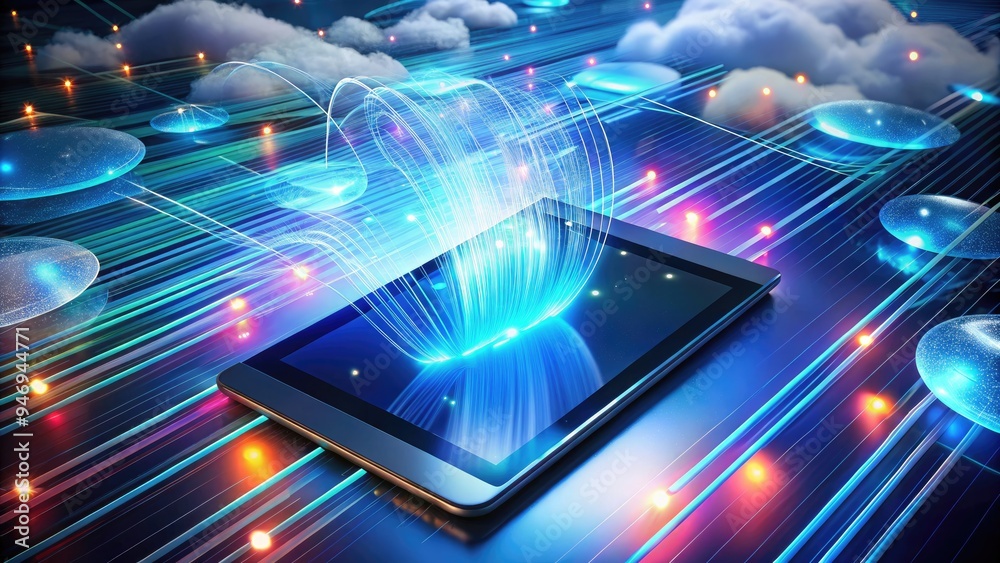 Sleek, high-tech tablets with glowing screens and metallic edges float above a holographic ...