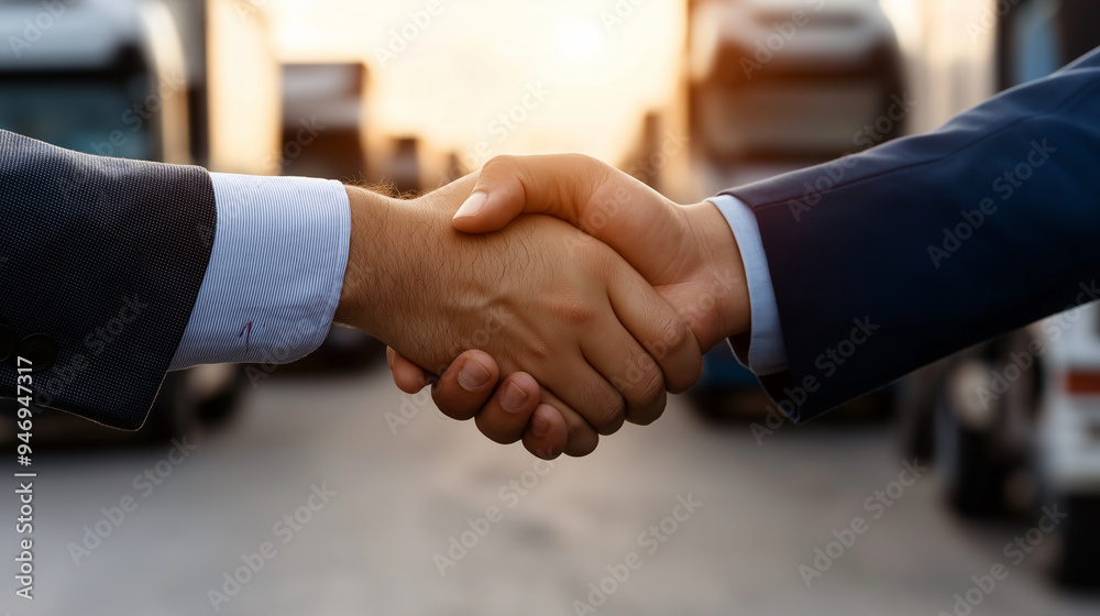 A handshake between two businessmen is framed by a fleet of trucks and ...