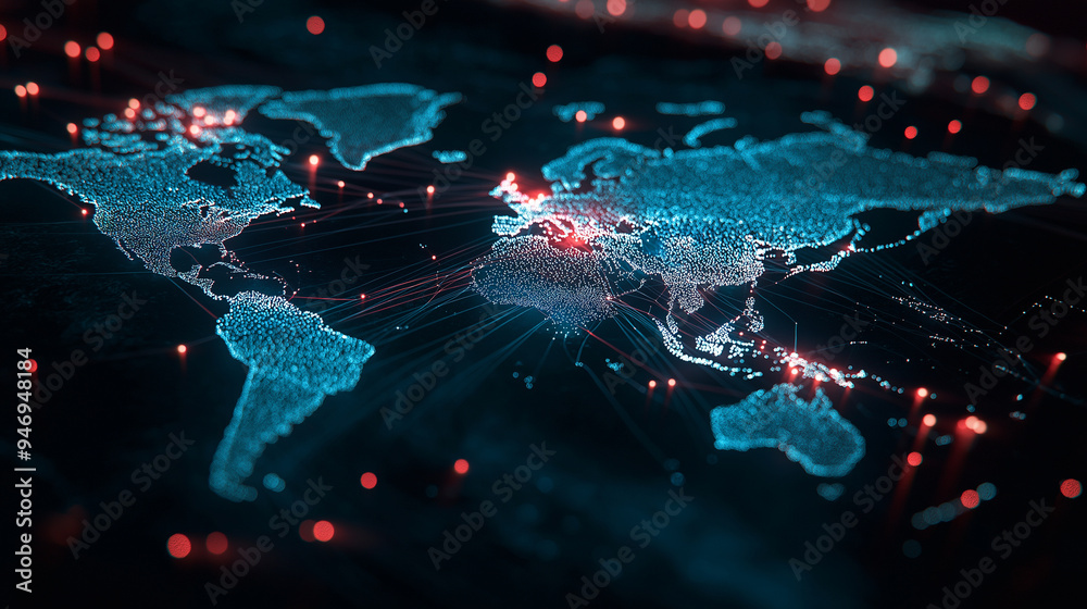 A fiber optic cable network spans a digital map of the world, with ...