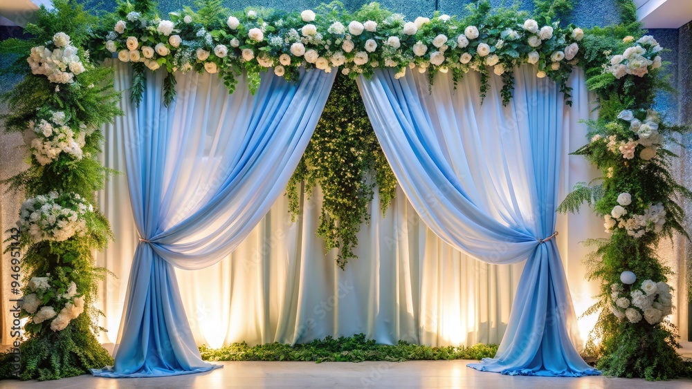 Soft, serene, and romantic, this elegant blue wedding backdrop features ...